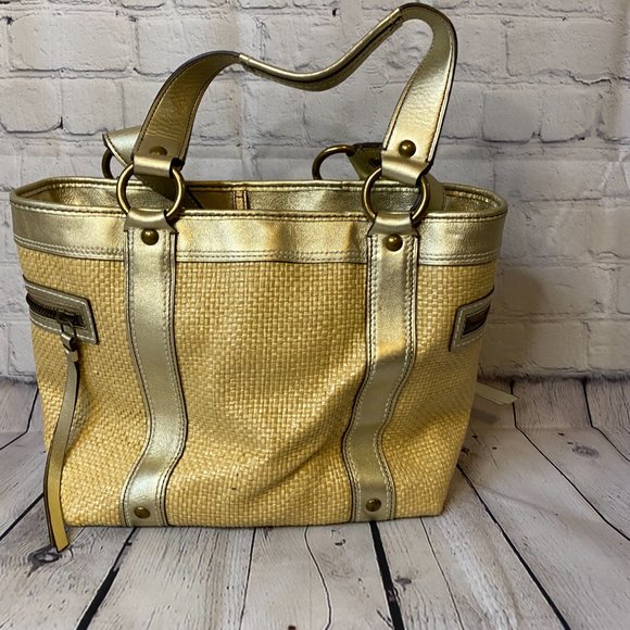 Coach | Bags | Coach Gold Woven Wicker Leather Tote Bag | Poshmark
